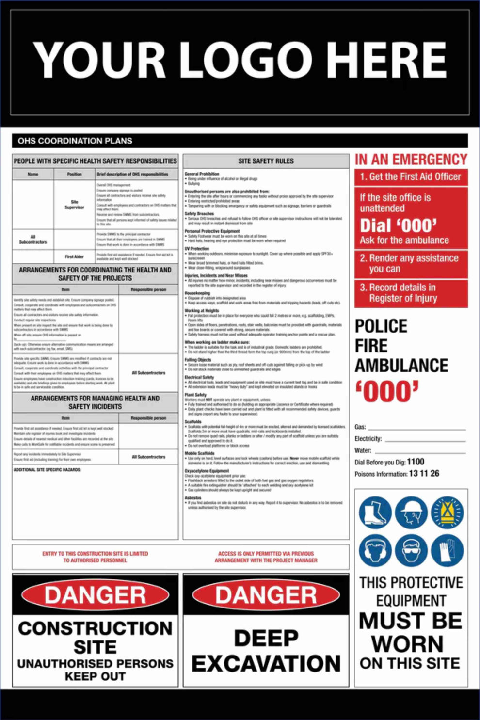 Construction Site Entry OHS and Safety Coordination Plan Sign ...