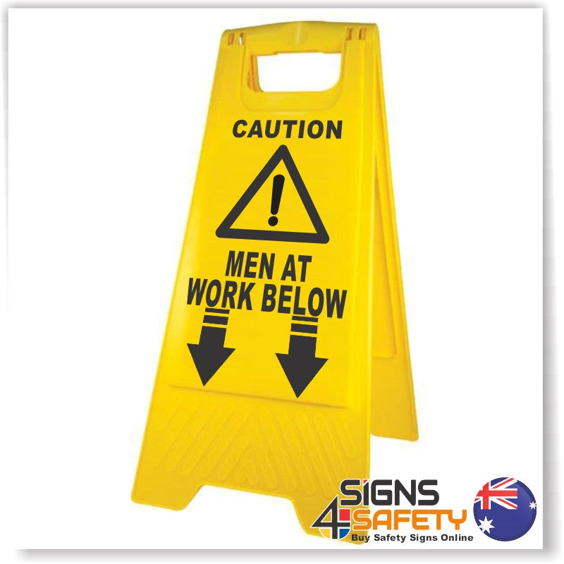 Caution Men Working Below Sign Yellow A-Frame Floor Stand – Signs4Safety