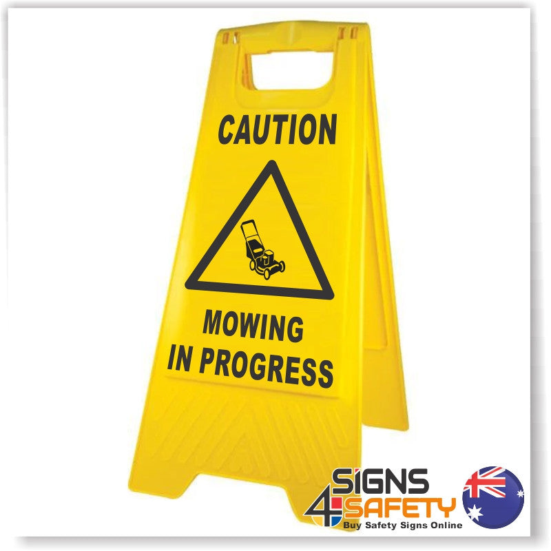 Caution Mowing In Progress Sign Yellow A-Frame Floor Stand – Signs4Safety
